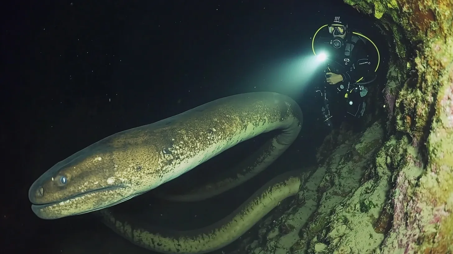 Diver Follows Giant Eel into Den After It Approaches Him Near a Sunken ...